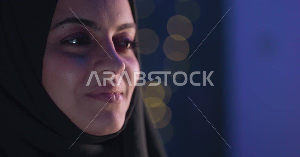 Saudi Arabian Gulf woman, different facial gestures, looks of thinking ...