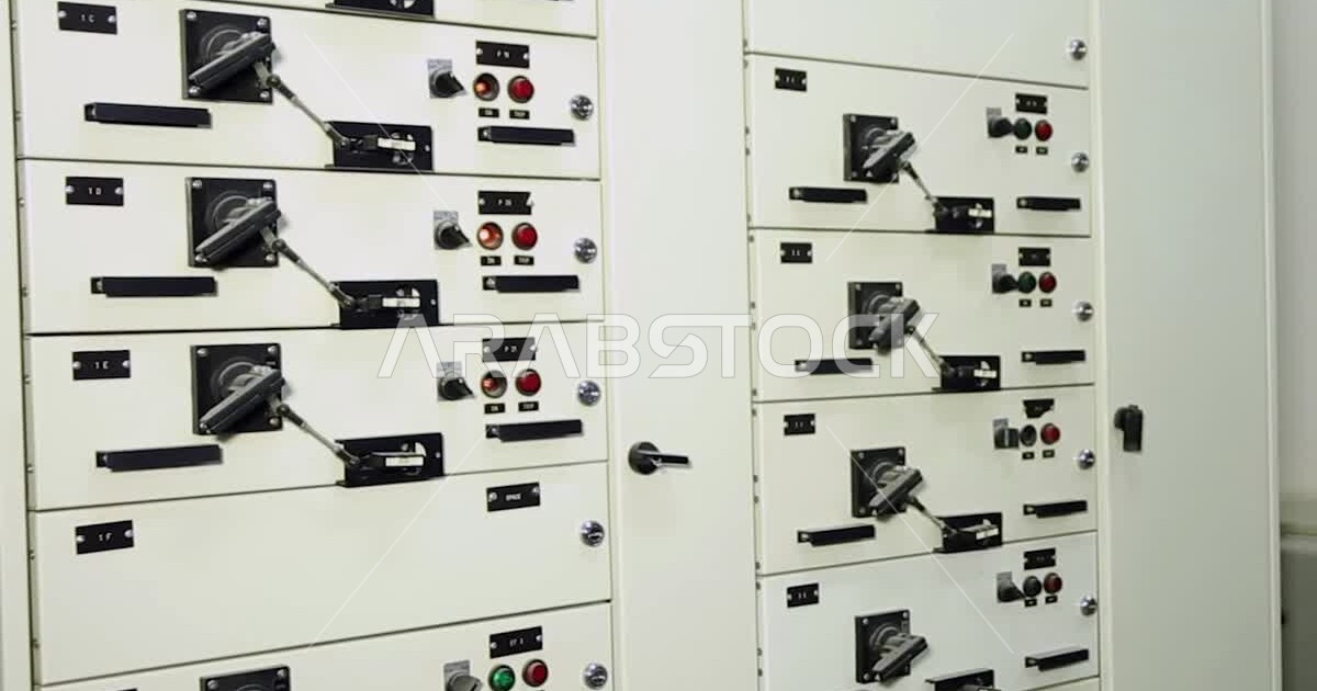 Close-up of switchgear cabinets with control panels with indicator ...