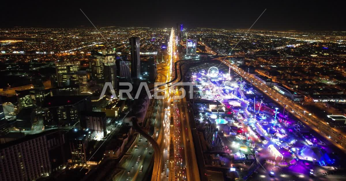 A wonderful aerial shot at night of the city of Riyadh, a drone ...
