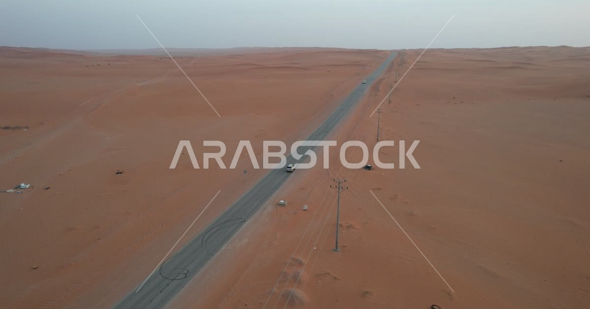 Drone photography of the desert road in Saudi Arabia, tourism in Saudi ...