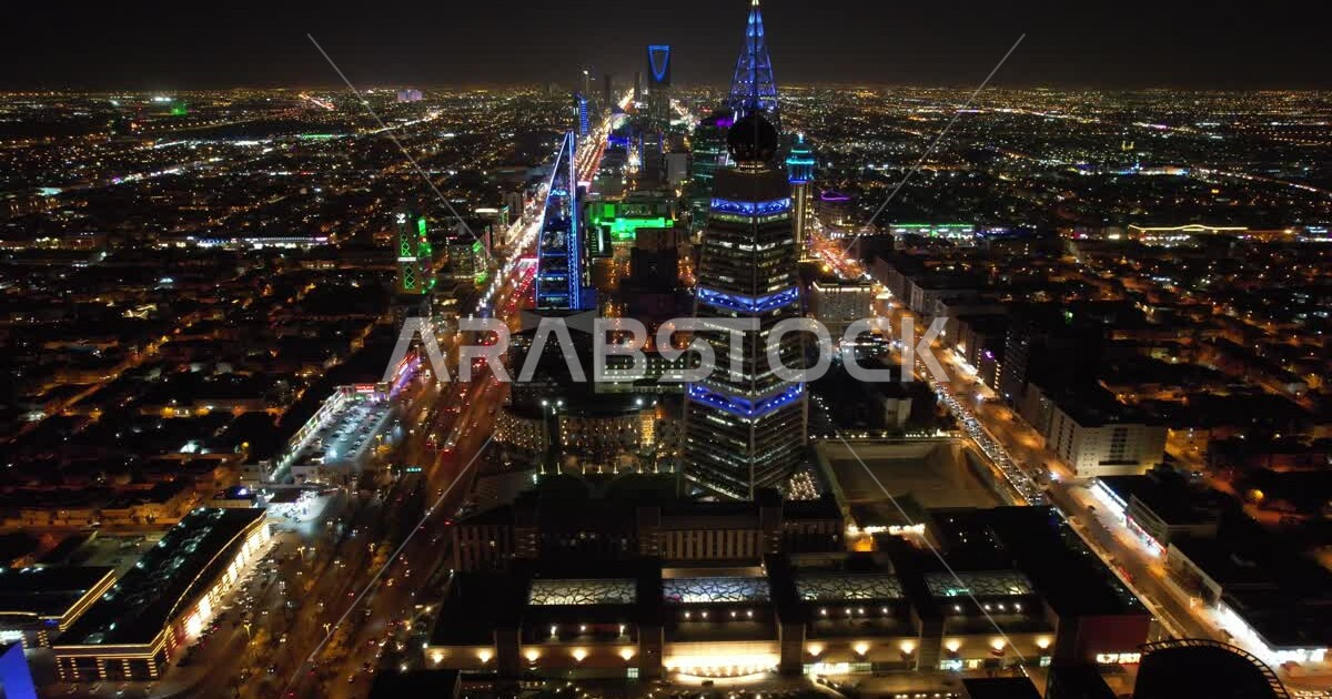 Drone photography of the Olaya towers in Riyadh, Saudi Arabia at night ...