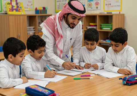 A Saudi Arabian Gulf teacher wearing a thobe and shemagh stands among ...