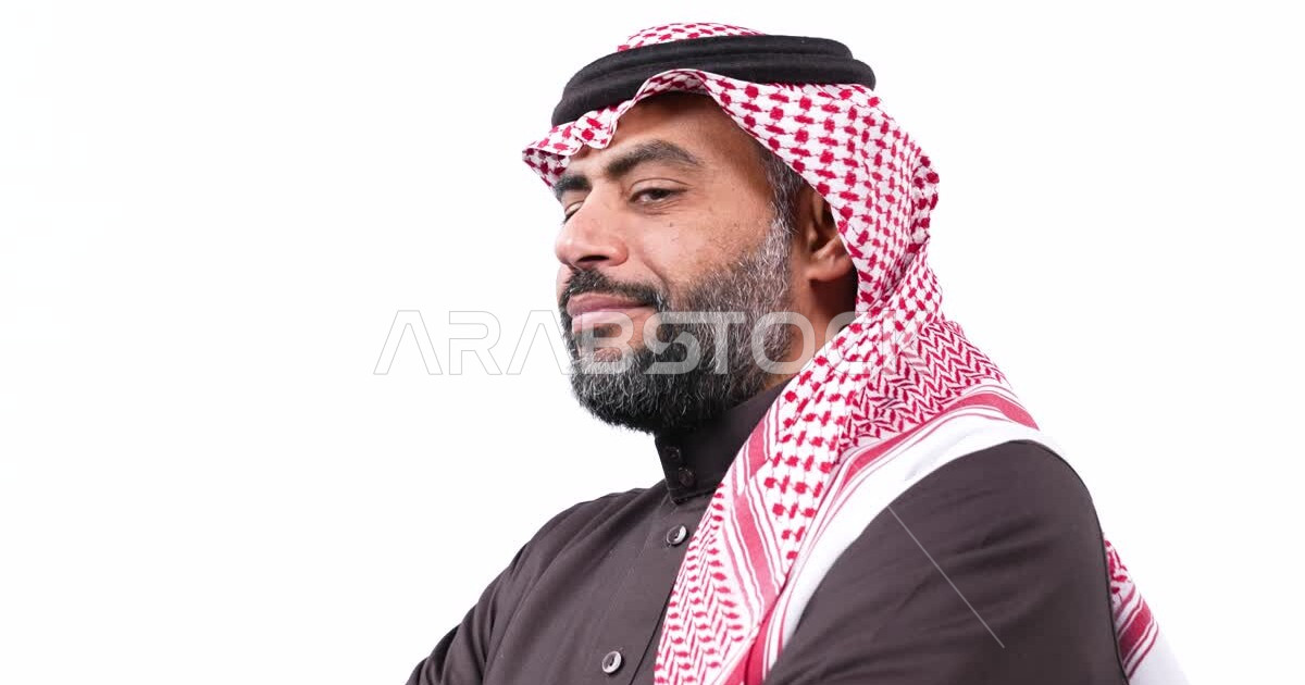 Portrait of a Saudi Arabian Gulf man smiling at the camera, different ...