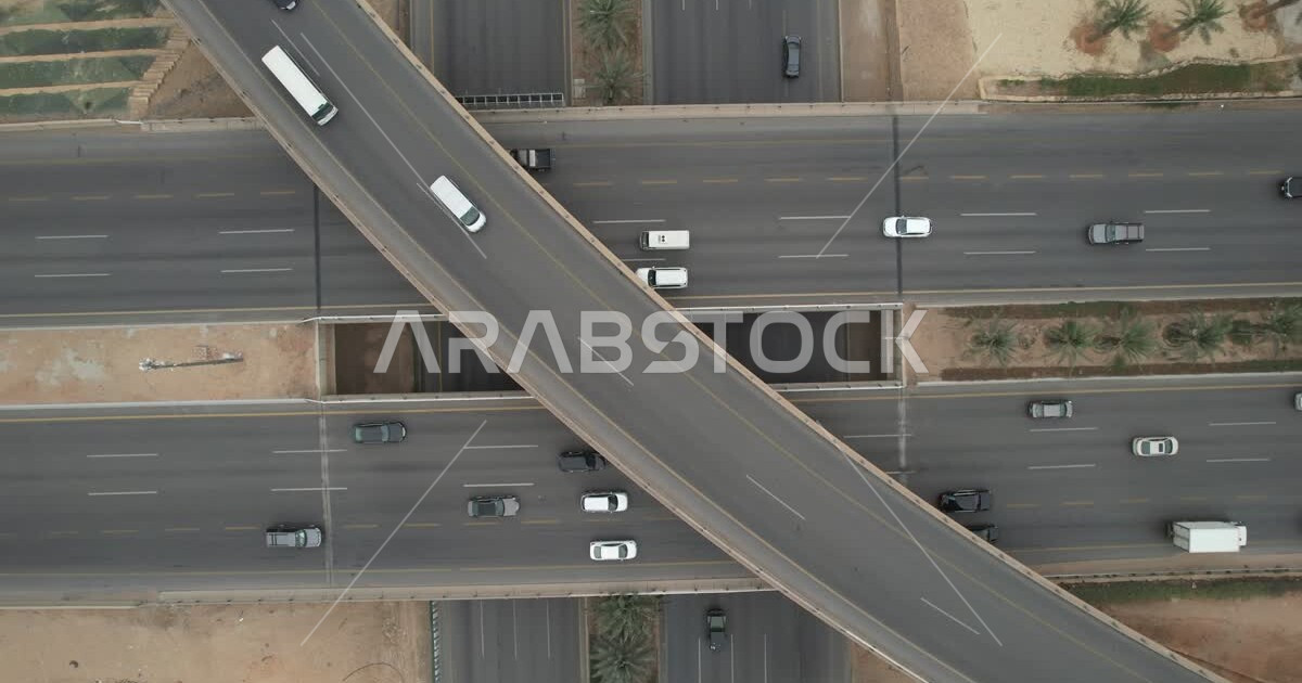 Drone photography of car traffic on the highway in the south of Riyadh ...