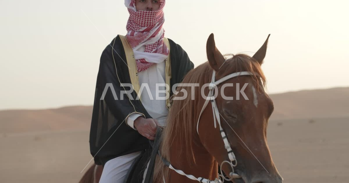 A Saudi Gulf rider riding horses in the Saudi desert, dressage, horse ...