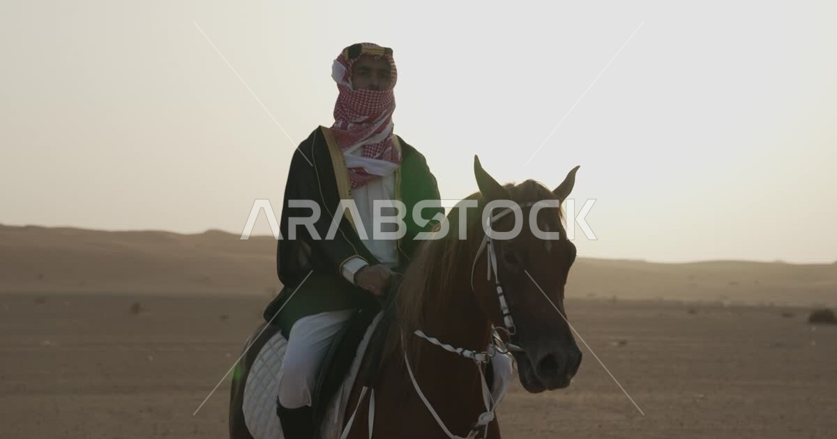 A Saudi Gulf rider riding horses in the Saudi desert, dressage, horse ...
