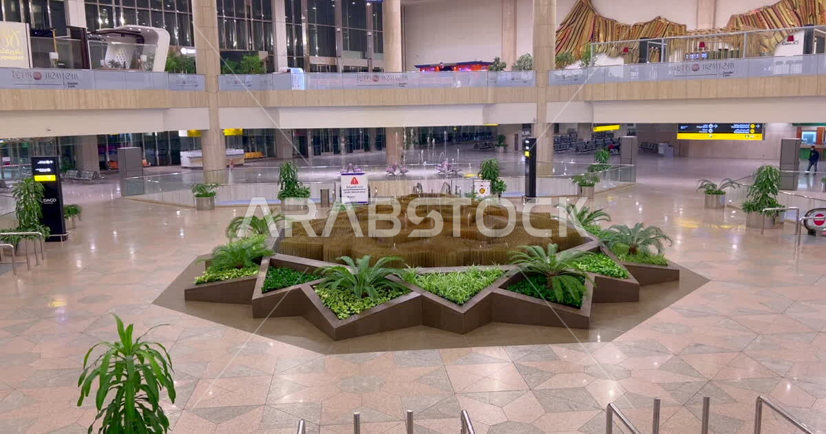 A tour inside King Fahd Airport in Riyadh, Saudi Arabia, a fountain ...