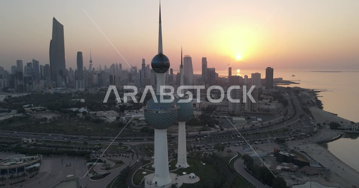Drone photography of Kuwait's blue towers overlooking the coast of the ...