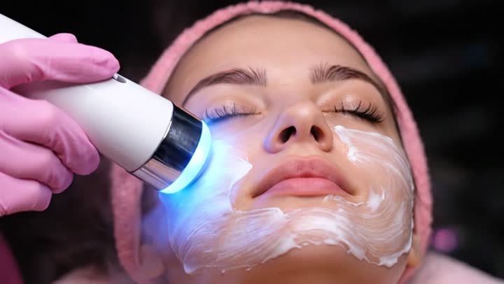 A beauty expert conducts skincare sessions using a blue light device, a ...