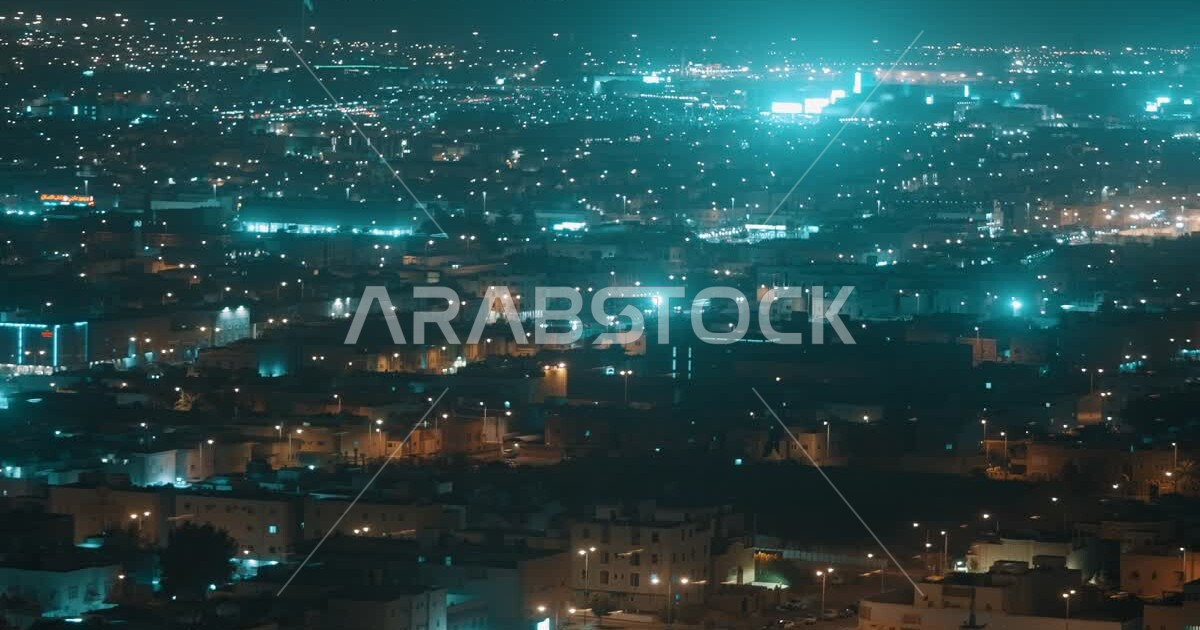 Drone photography of towers in Riyadh, Saudi Arabia at night, roads and ...