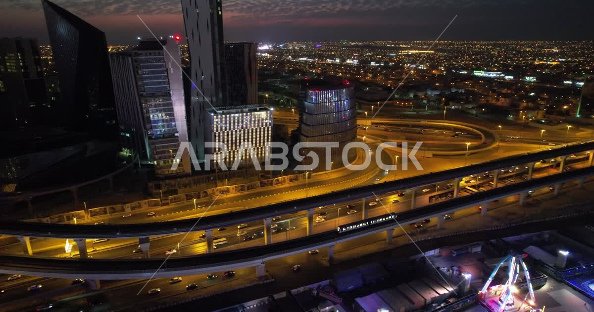 Drone photography of Riyadh train in Saudi Arabia in the night mode ...