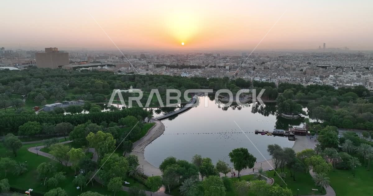 Aerial photography during the sunrise of Salam Park in Riyadh, the ...