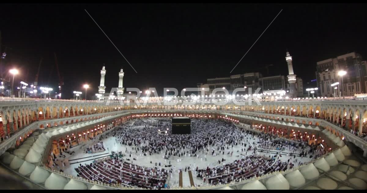 A view from above of the Kaaba in Mecca, Saudi Arabia, performing Hajj ...