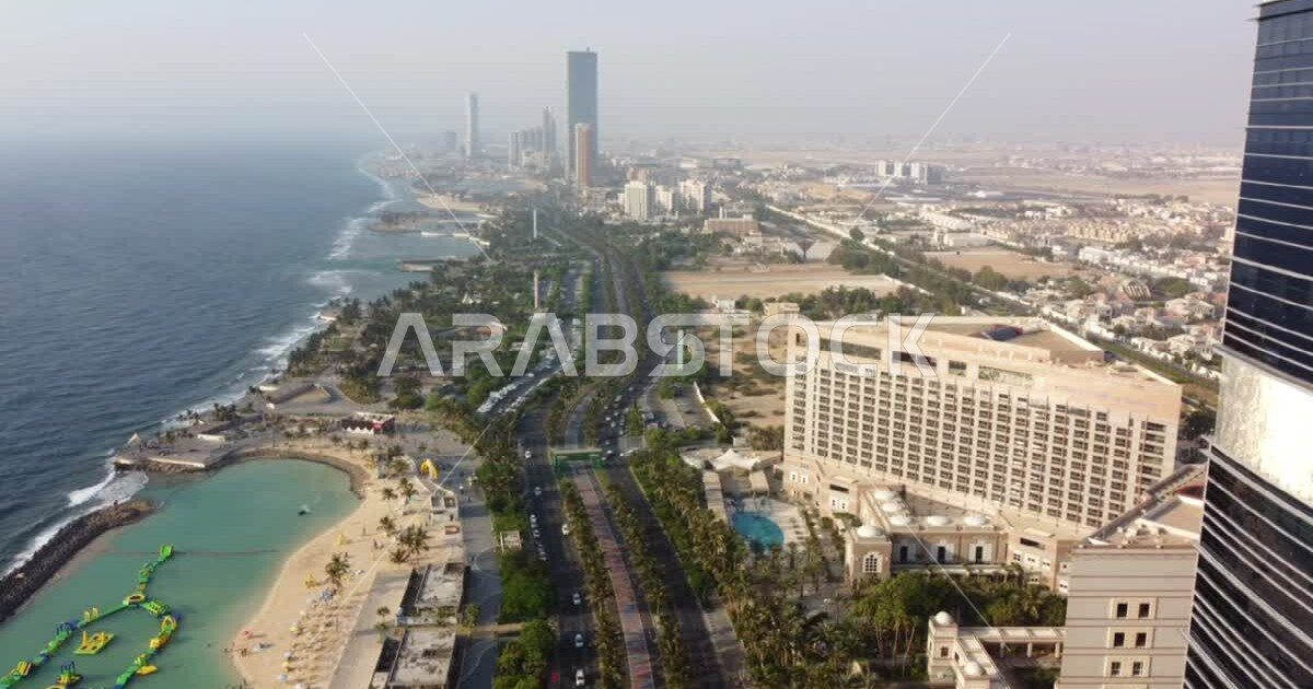 Drone photography from the top of the waterfront of the Jeddah Corniche ...
