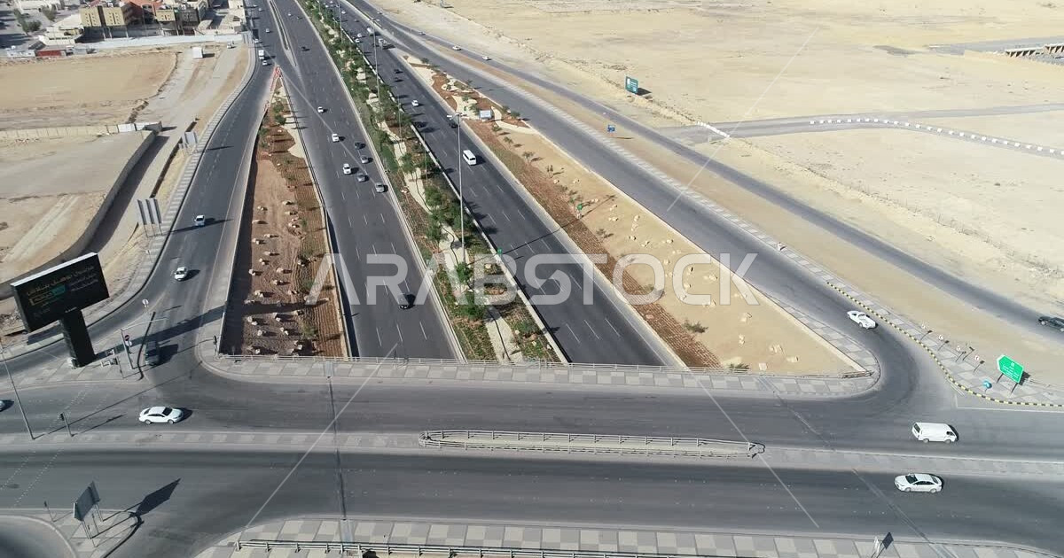 Drone photography from above of car traffic on the main road in Riyadh ...