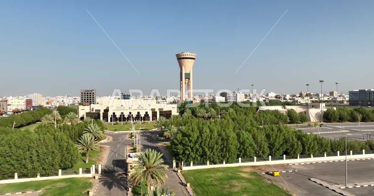 Drone photography of the city of Tabuk, Saudi Arabia, Tabuk Tower, Ministry of Education ...