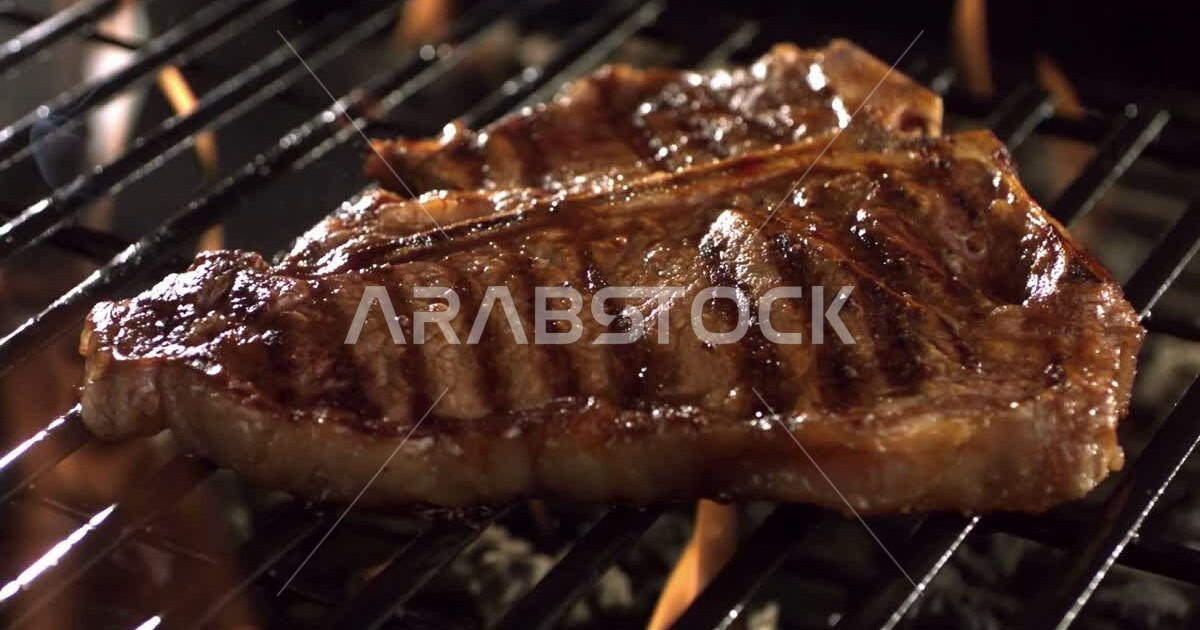 Close-up of delicious grilled meat steak with rosemary and sauce ...