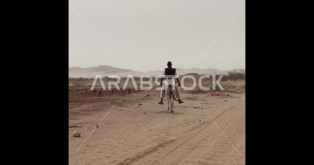 Photography from the back of a Saudi Arabian Gulf man riding a donkey ...