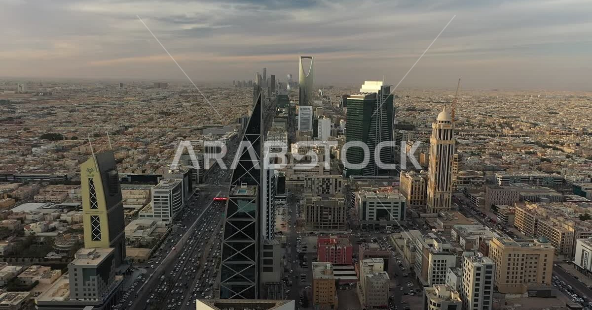 Aerial photography of towers and skyscrapers at sunset in the city of ...