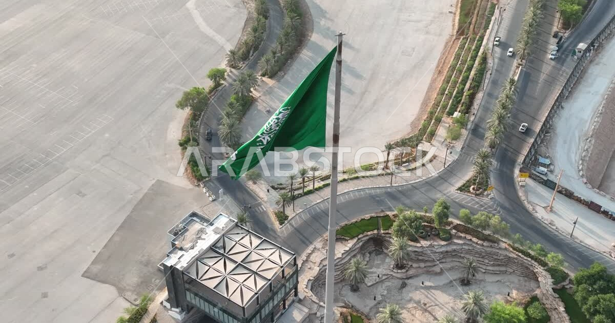A view from above of the largest flagpole in Diriyah in Riyadh in the ...