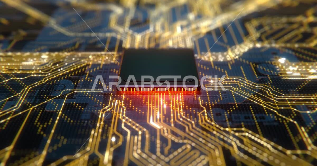 Close-up depiction of the central processing unit in a computer, data ...