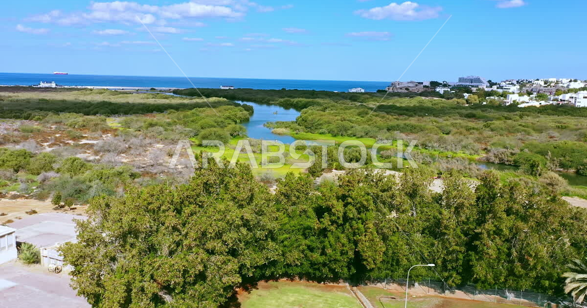 Drone photography of Qurum Nature Reserve in Muscat, Sultanate of Oman ...