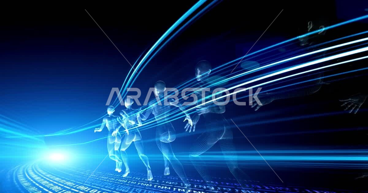 Close-up depiction of a group of running robots, 3D hologram model ...