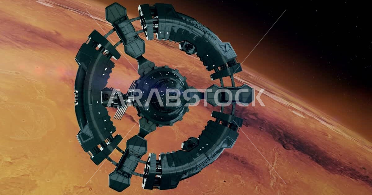 Close-up of a huge spaceship in outer space, 3D outer space, space ...
