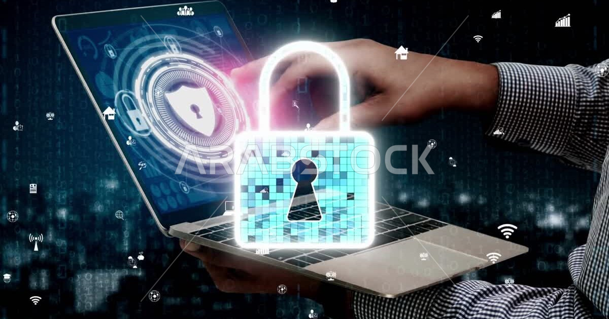 Close-up of a man's hand holding his laptop computer, 3d hologram ...