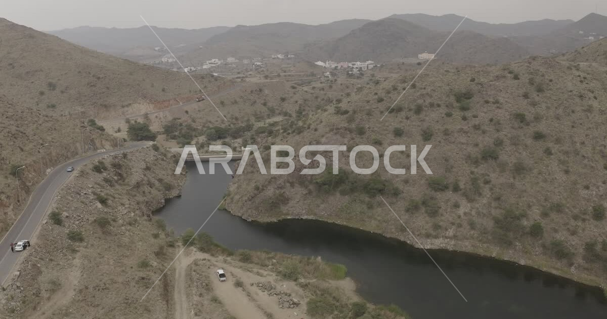 Drone photography of the Daboei Dam lake in the Al-Soudah region of ...