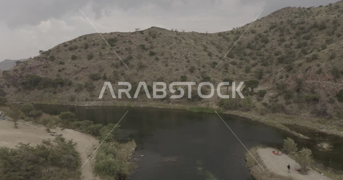 Drone photography of the Daboei Dam lake in the Al-Soudah region of ...