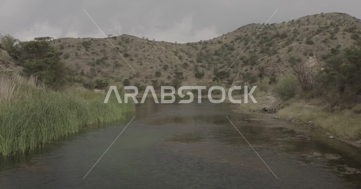 Drone photography of the Daboei Dam lake in the Al-Soudah region of ...