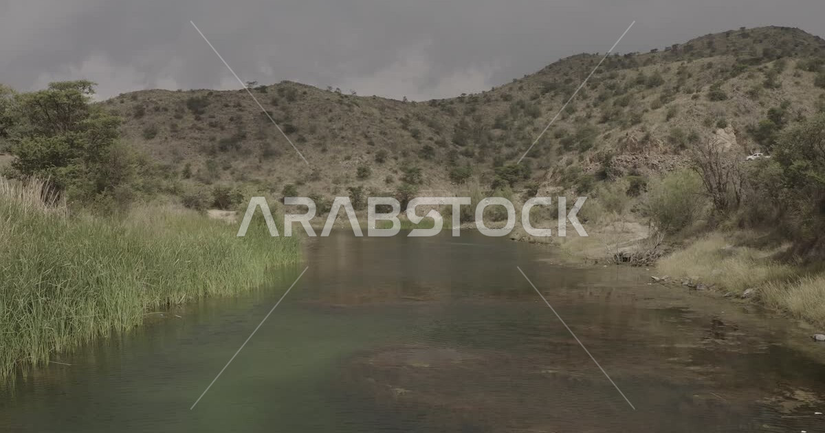 Drone photography of the Daboei Dam lake in the Al-Soudah region of ...