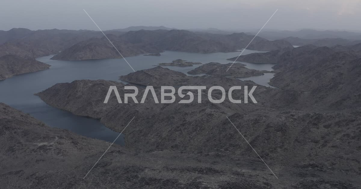Drone photography of the King Fahd bin Abdulaziz Dam lake in the Bisha ...