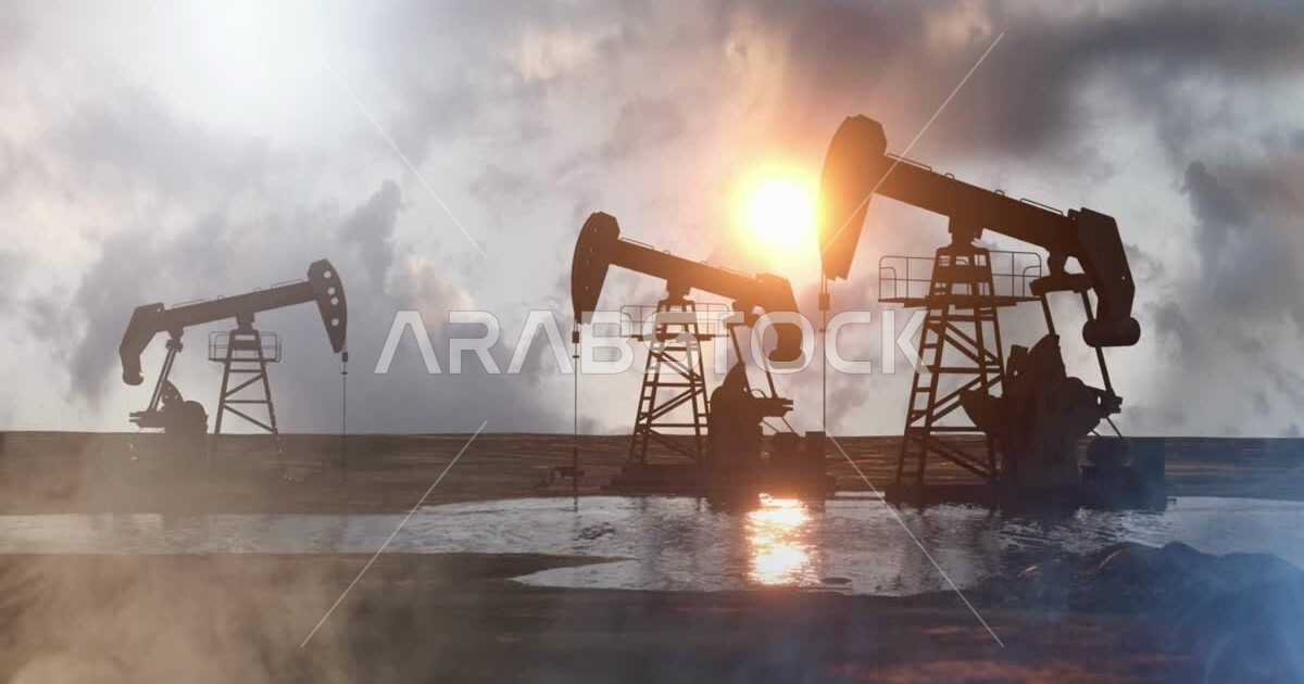 Oil and gas production machinery and equipment during sunset, oil ...