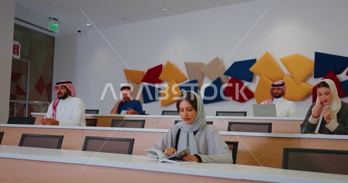 Close-up picture of Arab Saudi Gulf university students in the lecture hall at the university ...