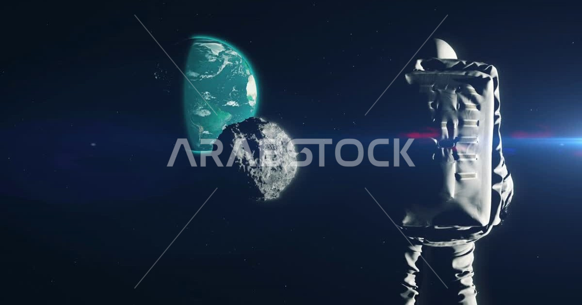 astronaut watching an asteroid heading towards planet earth, outer ...