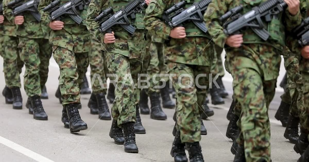 Close-up video of the line-up of soldiers, training of soldiers in the ...