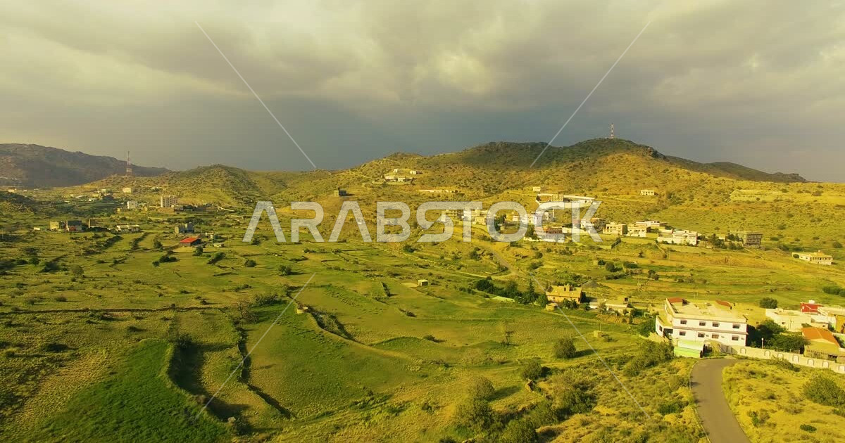 Aerial view of mountains and valleys in the city of Taif, top view of ...