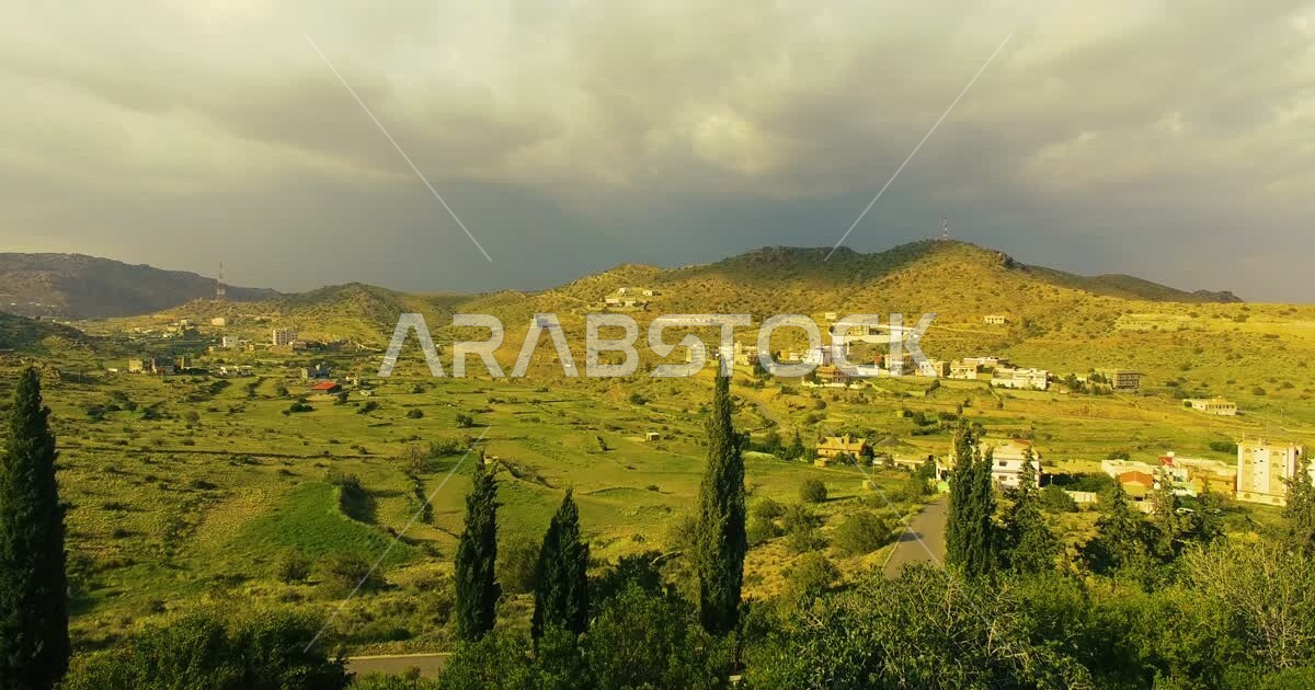 Aerial view of mountains and valleys in the city of Taif, top view of ...