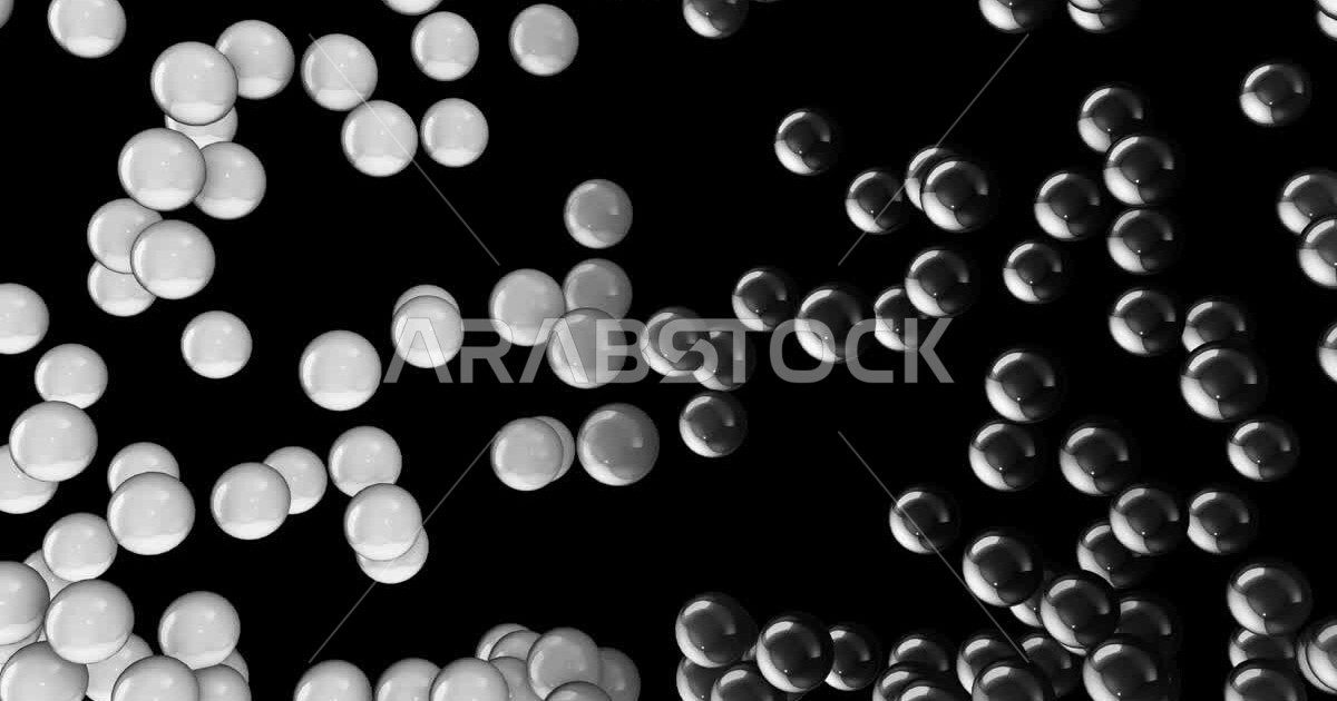 3D illustration of small balls falling, black and white balls filling ...