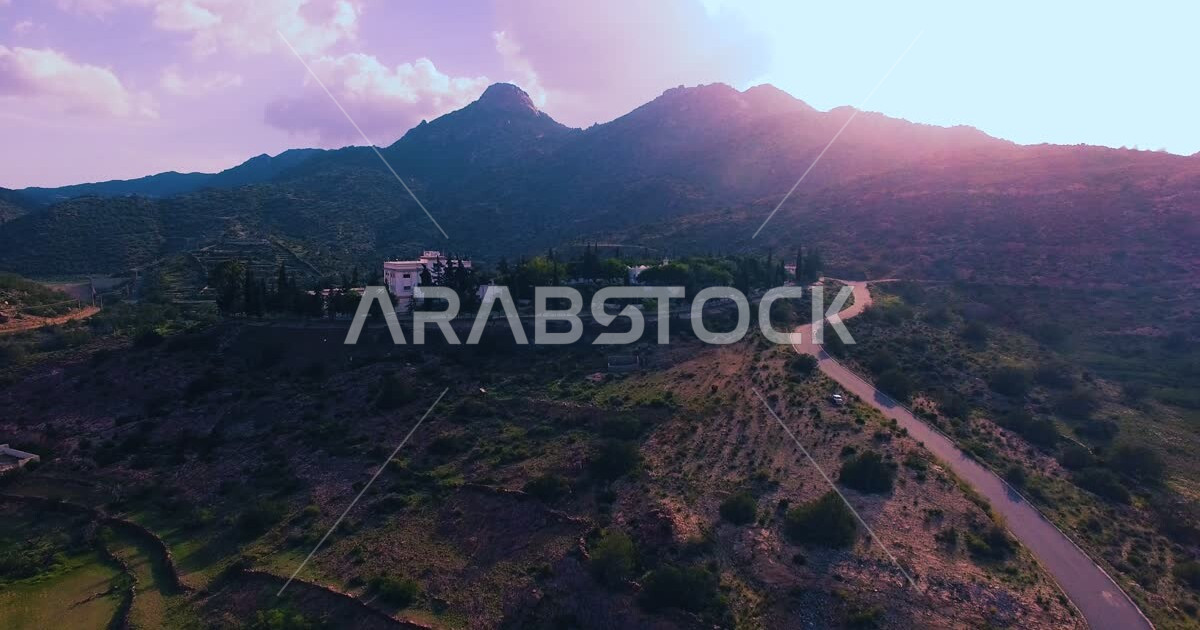 Aerial view of mountains and valleys in the city of Taif, top view of ...
