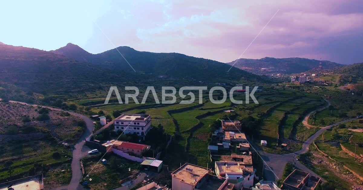 Aerial view of mountains and valleys in the city of Taif, top view of ...