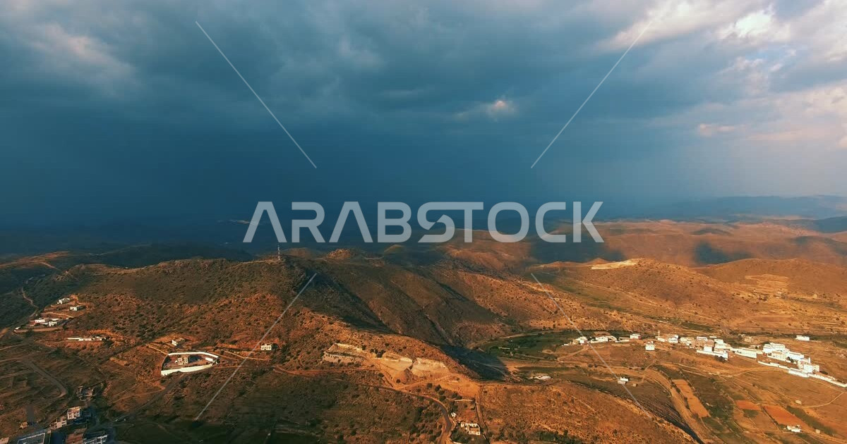 Aerial view of mountains and valleys in the city of Taif, top view of ...