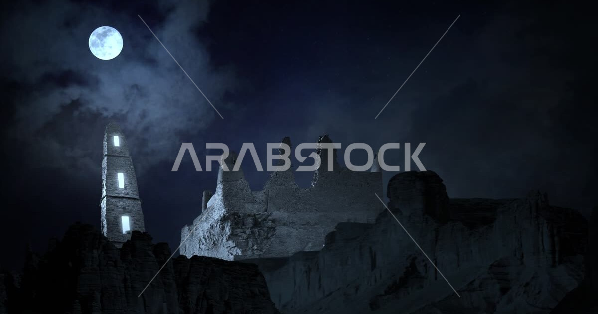 Moonlight in a cloudy sky at night, a historic fort, ancient monuments ...