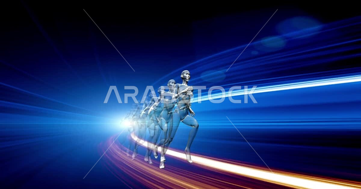 a group of robots running, 3D hologram model, intro and end of an ...