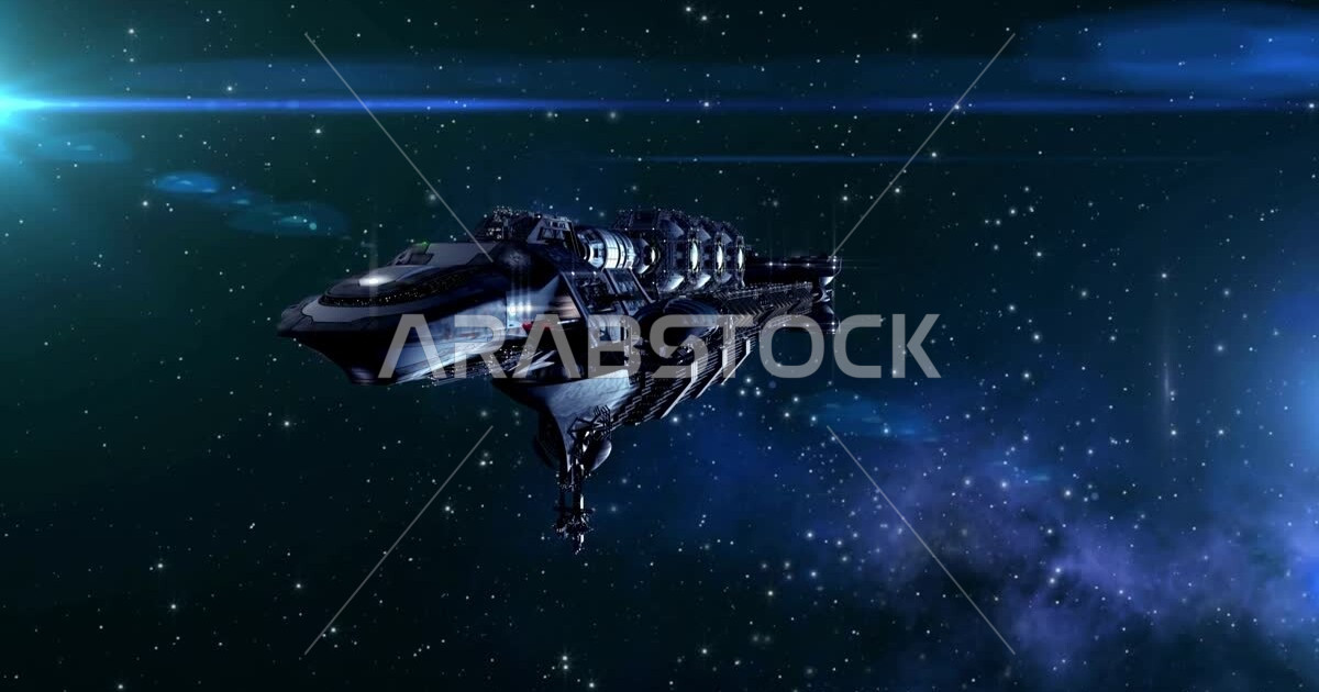 Close-up of a military spacecraft in outer space, space flight ...