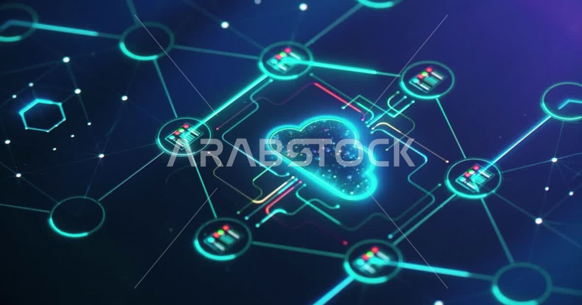 Close-up of a digital cloud, digital icons, networked development ...