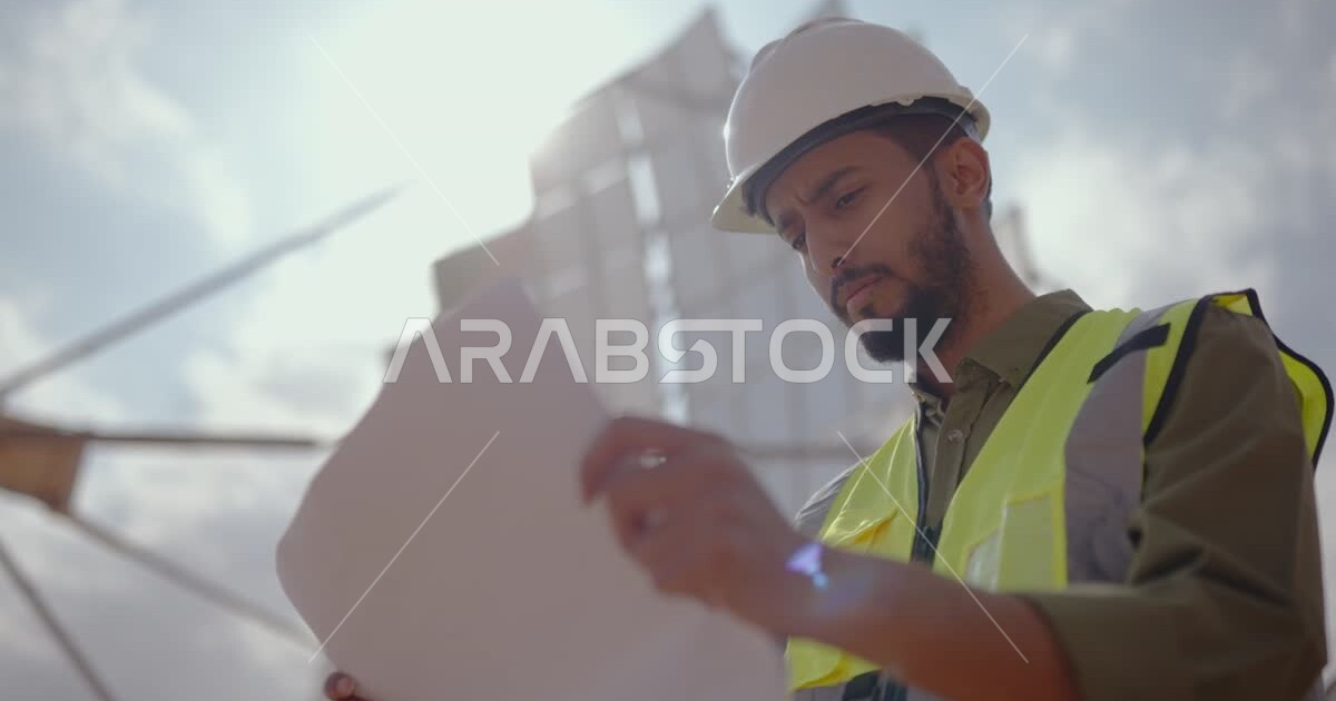 An Arab Gulf Saudi energy engineer holding a map in his hand and ...