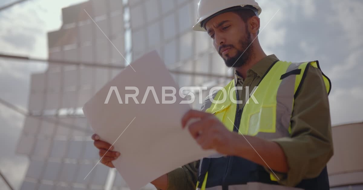 An Arab Gulf Saudi energy engineer holding a map in his hand and ...